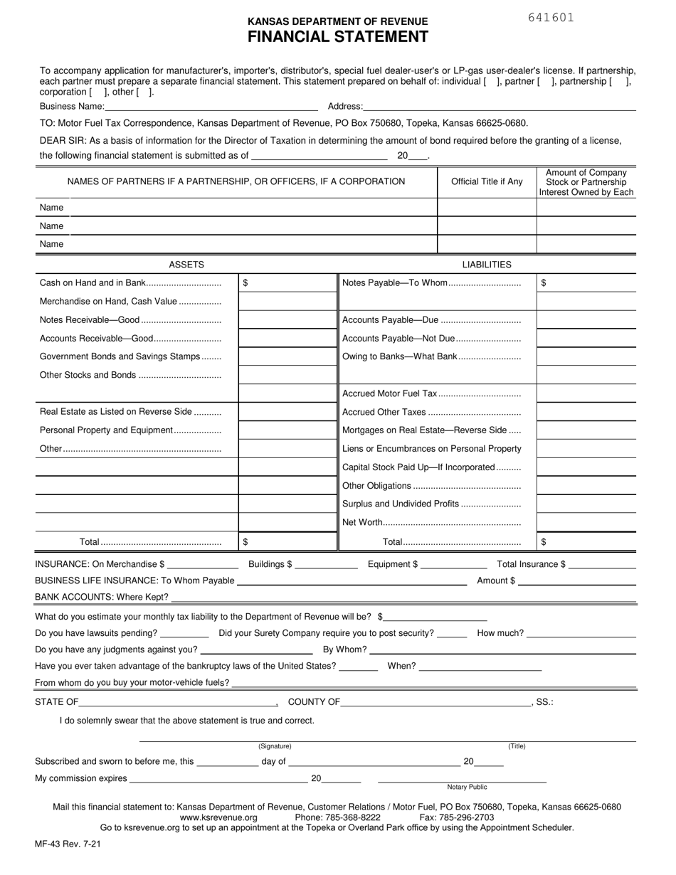 Form MF-43 - Fill Out, Sign Online and Download Fillable PDF, Kansas ...