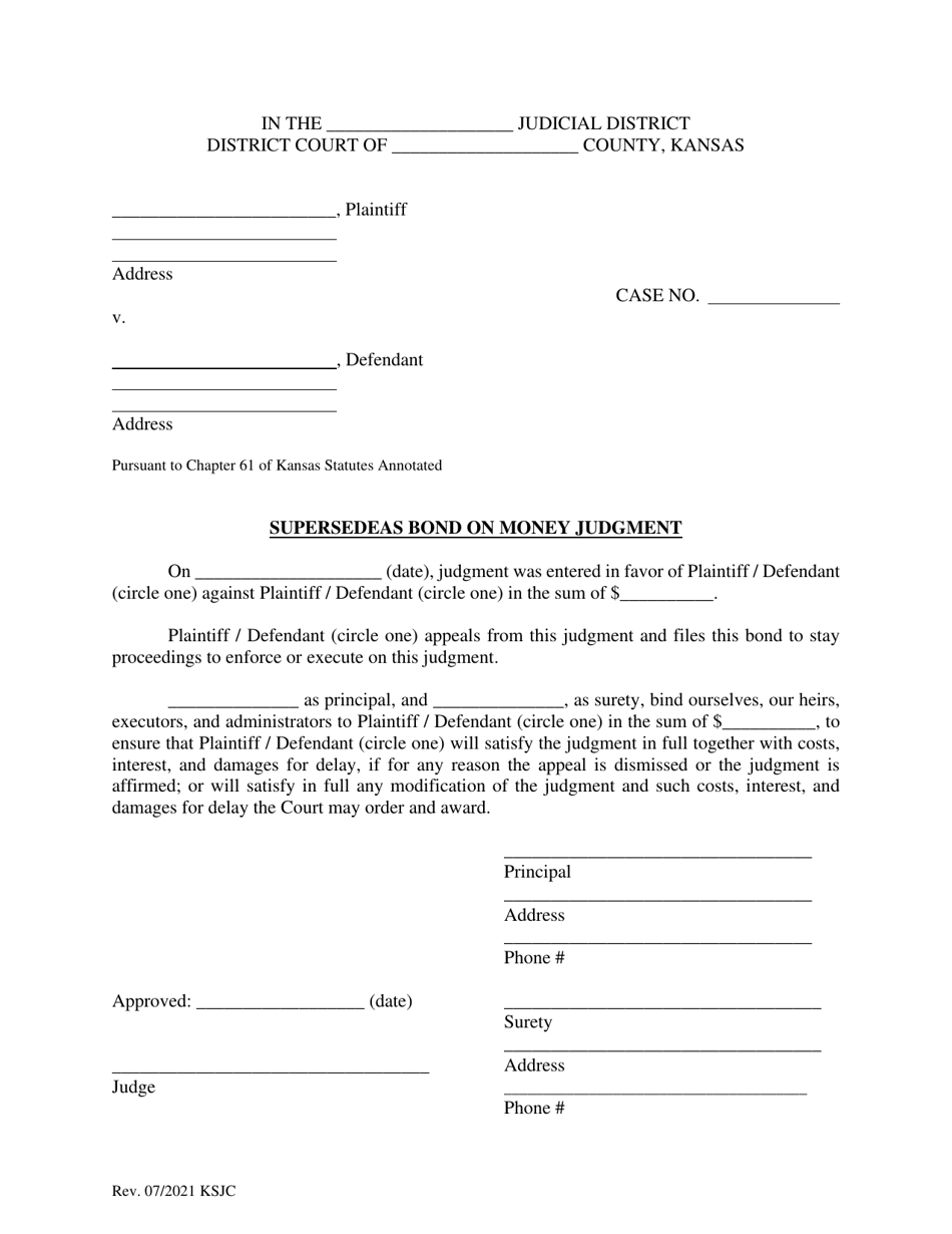 Kansas Supersedeas Bond on Money Judgment Download Printable PDF ...