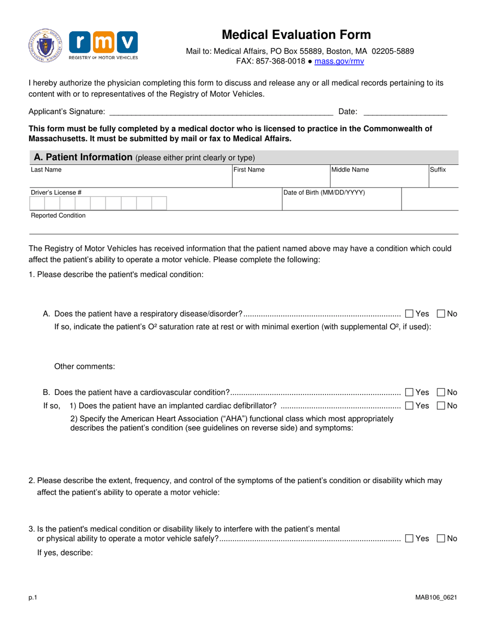 Form MAB106 Download Fillable PDF or Fill Online Medical Evaluation ...