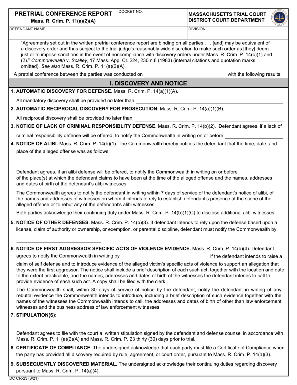 Form DC CR-23 Download Fillable PDF or Fill Online Pretrial Conference ...