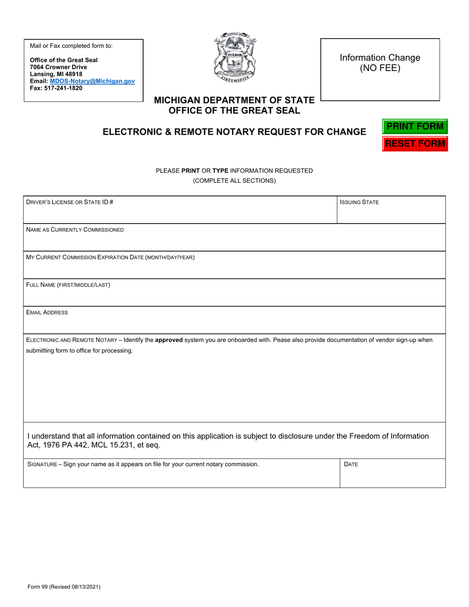 Form 99 - Fill Out, Sign Online and Download Fillable PDF, Michigan ...