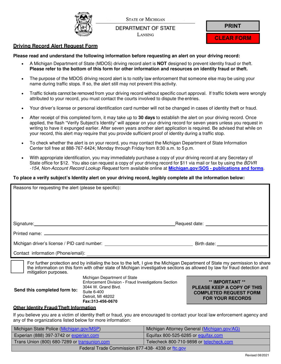 Michigan Driving Record Alert Request Form - Fill Out, Sign Online and ...