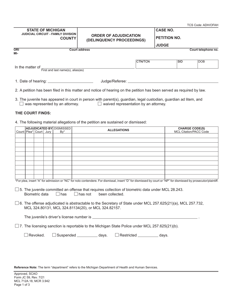 Form JC59 Download Fillable PDF or Fill Online Order of Adjudication ...