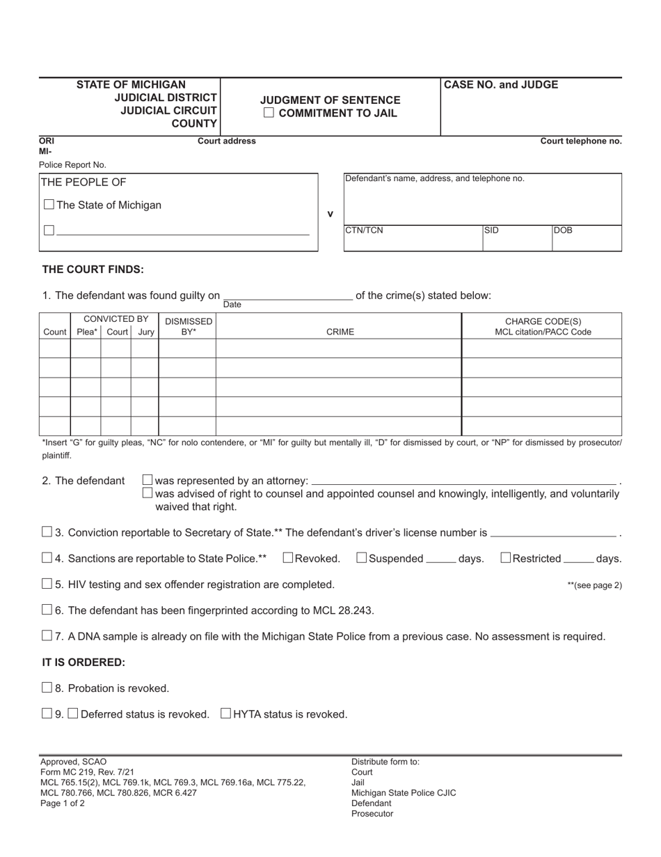 Form MC219 - Fill Out, Sign Online and Download Printable PDF, Michigan ...