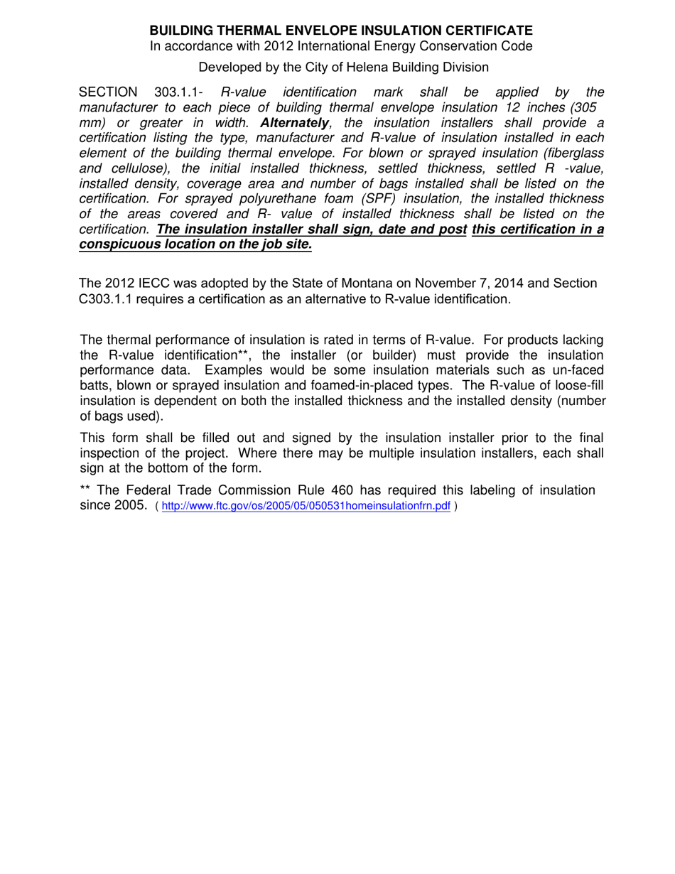 Montana Building Thermal Envelope Insulation Certificate - Fill Out ...