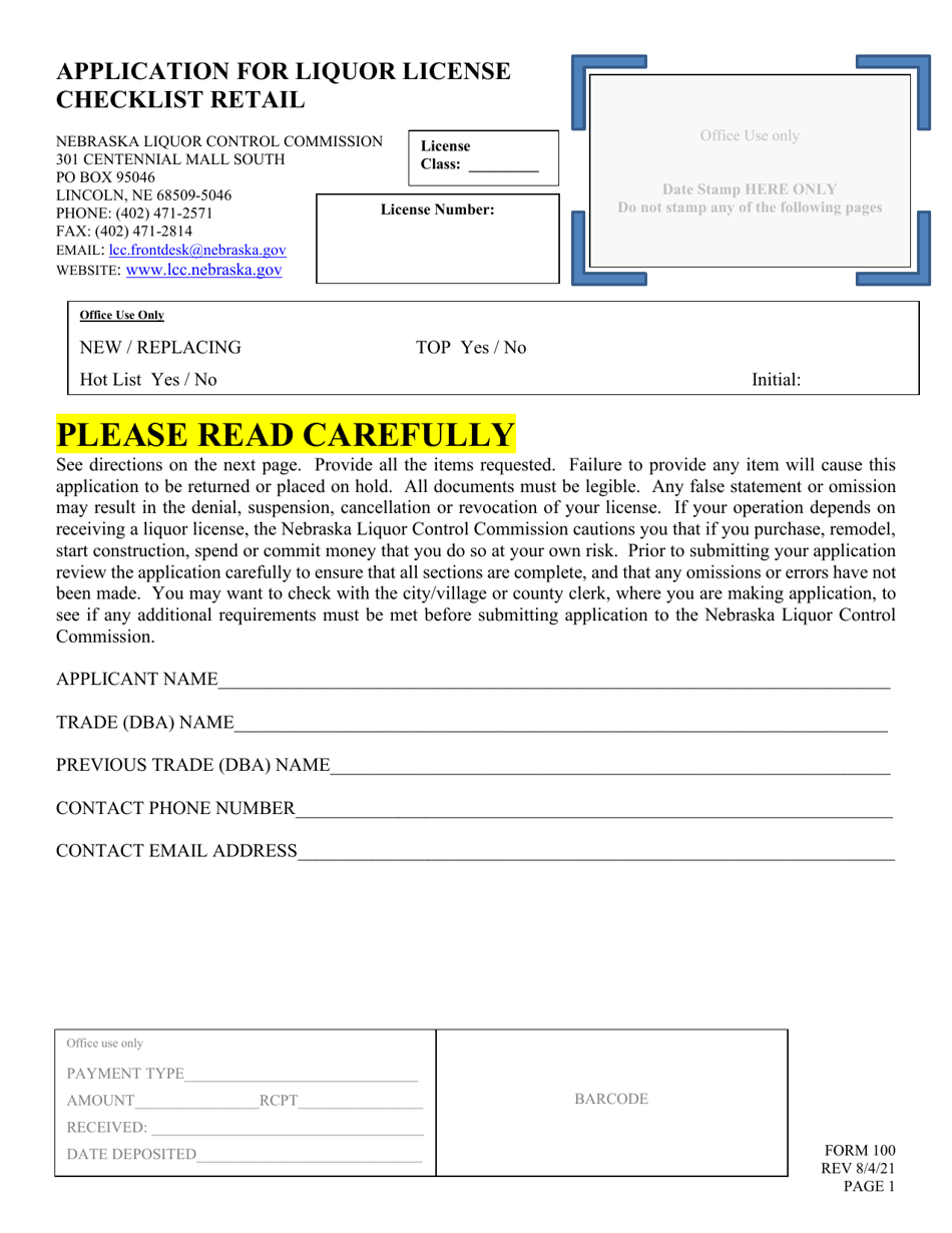 Form 100 Download Fillable PDF or Fill Online Application for Liquor ...