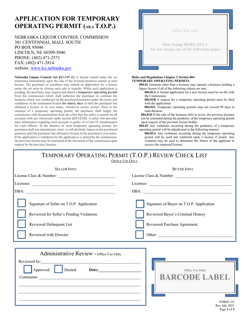 Form 125 Download Fillable PDF or Fill Online Application for Temporary ...