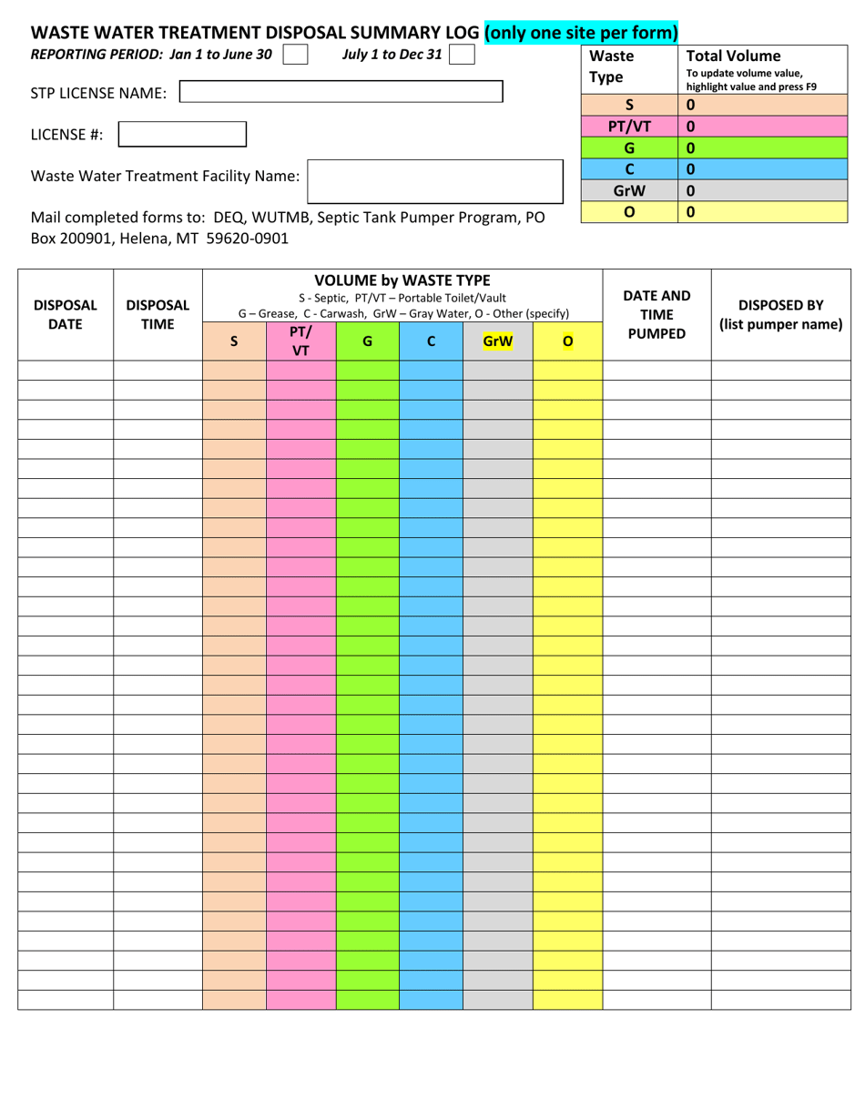 Montana Waste Water Treatment Disposal Summary Log - Fill Out, Sign ...