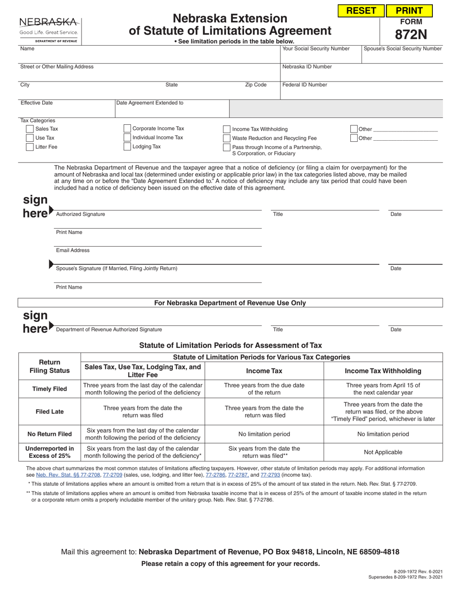 Form 872N Download Fillable PDF or Fill Online Nebraska Extension of ...