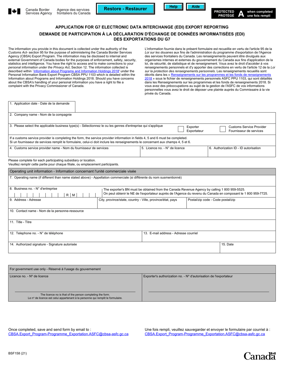 Form BSF158 Download Fillable PDF or Fill Online Application for G7 ...