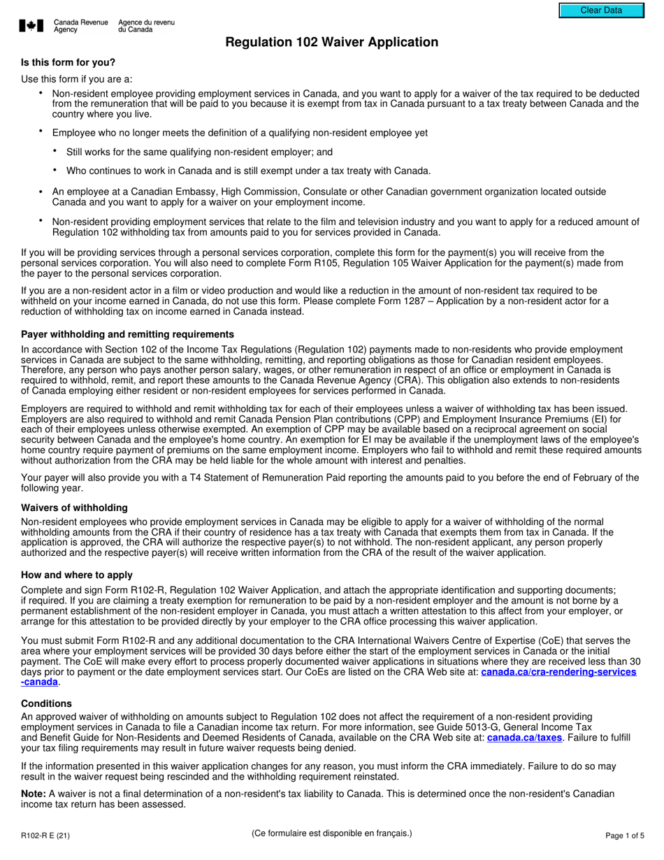 Form R102-R Download Fillable PDF or Fill Online Regulation 102 Waiver ...