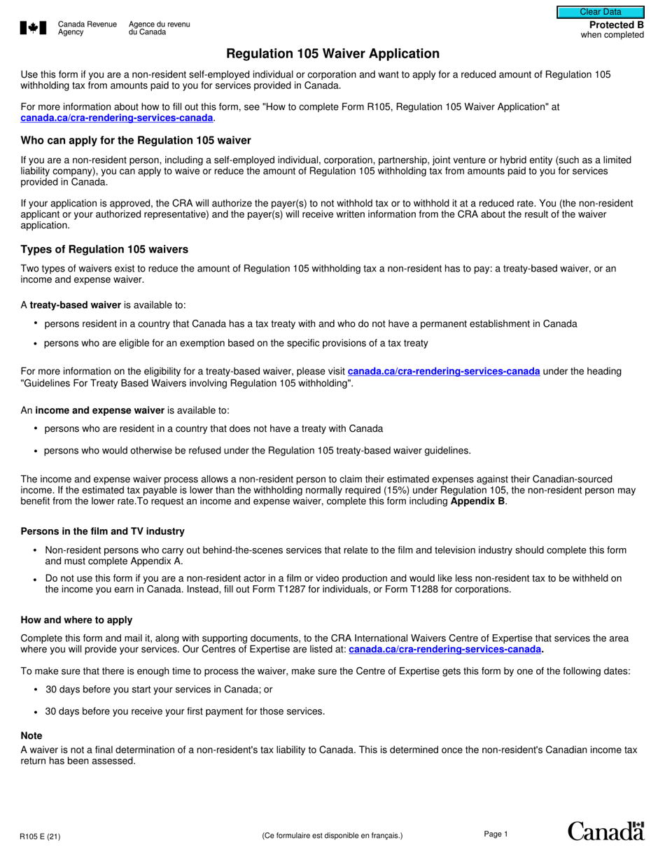 Form R105 - Fill Out, Sign Online and Download Fillable PDF, Canada ...