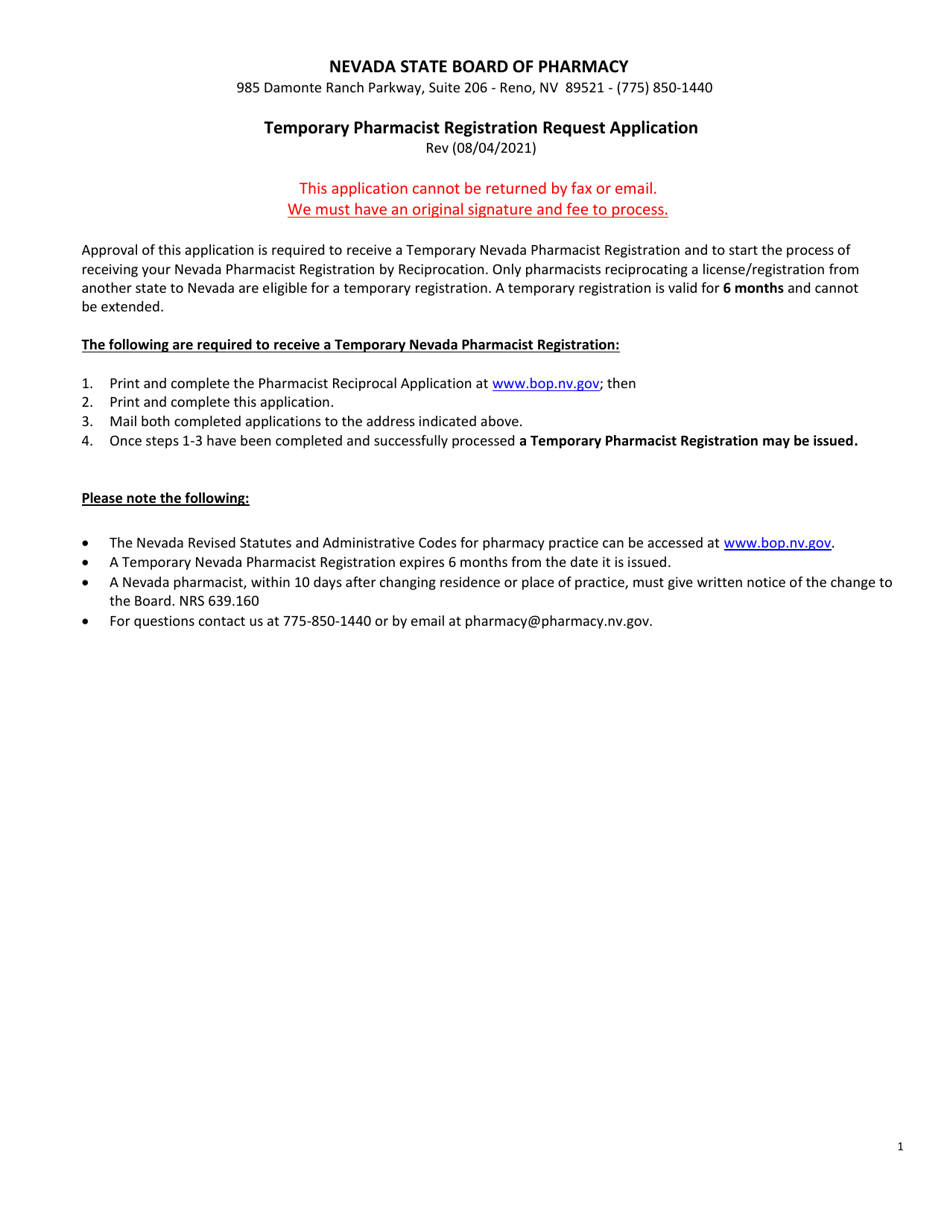 Nevada Temporary Pharmacist Registration Request Application - Fill Out ...