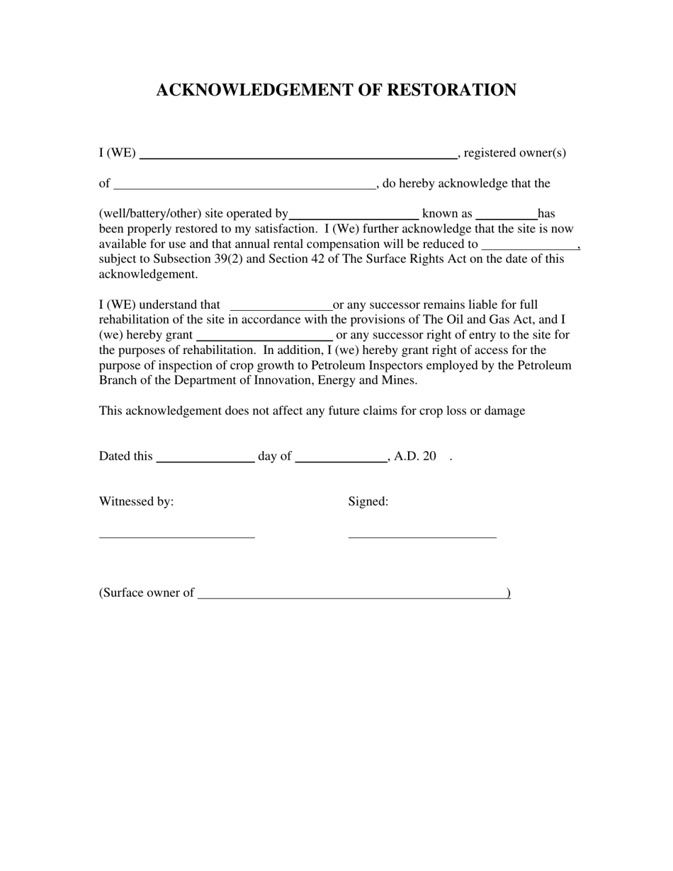 Manitoba Canada Acknowledgement of Restoration - Fill Out, Sign Online ...