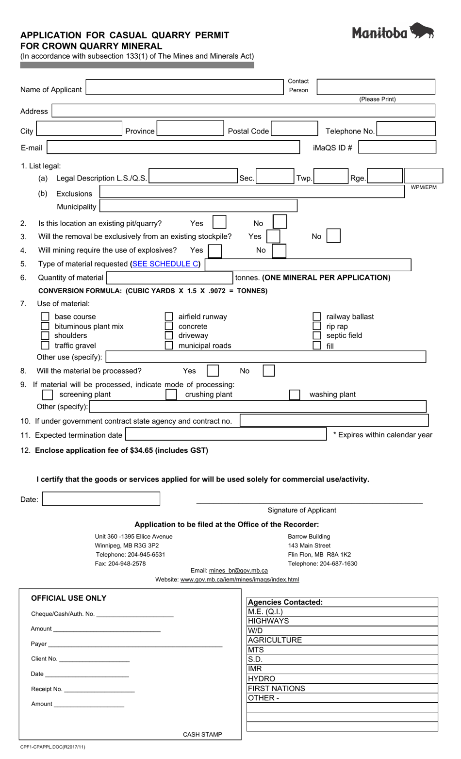 Form CPF-1 - Fill Out, Sign Online and Download Fillable PDF, Manitoba ...