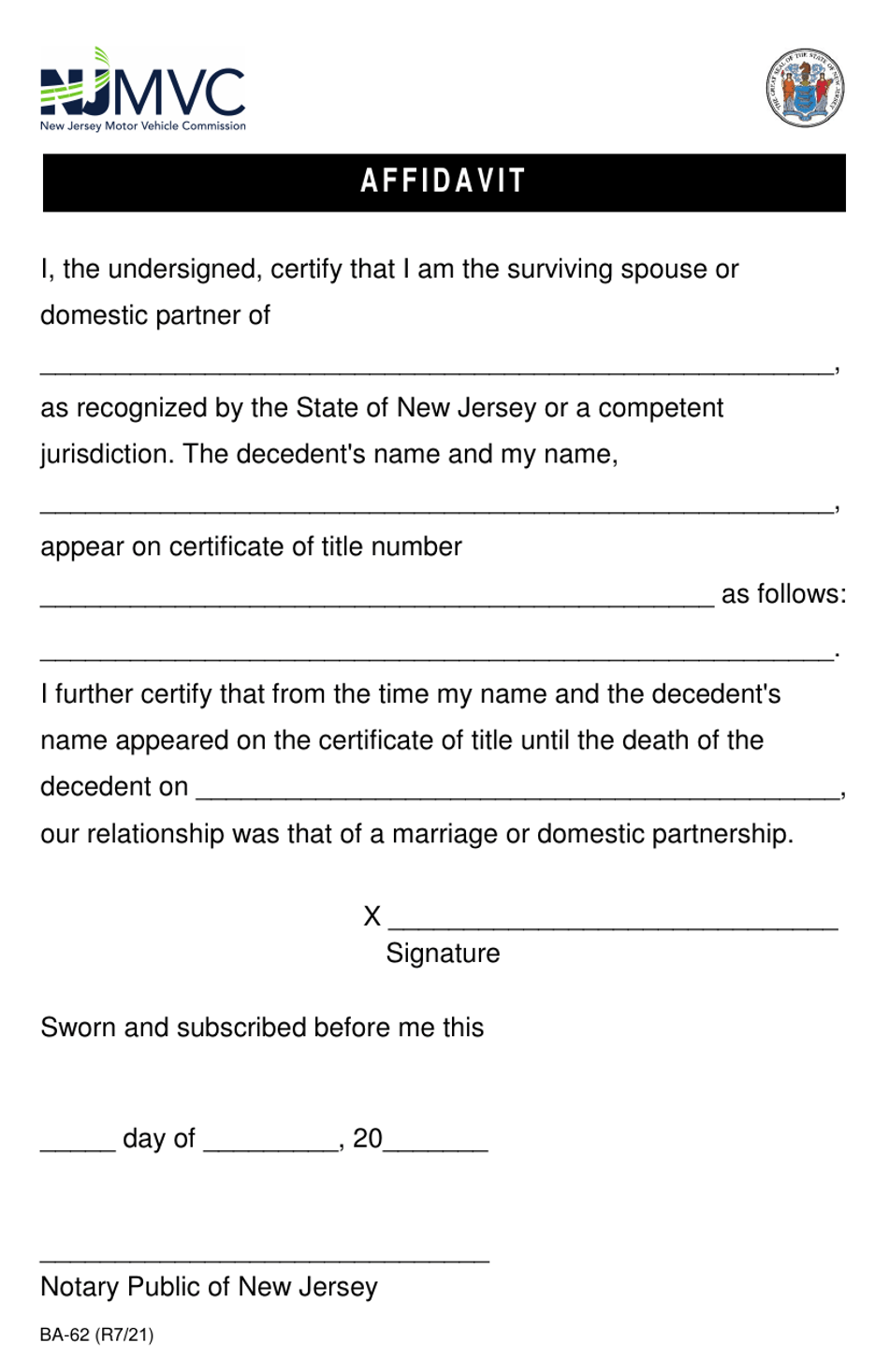 Form BA-62 Download Fillable PDF or Fill Online Affidavit, New Jersey ...