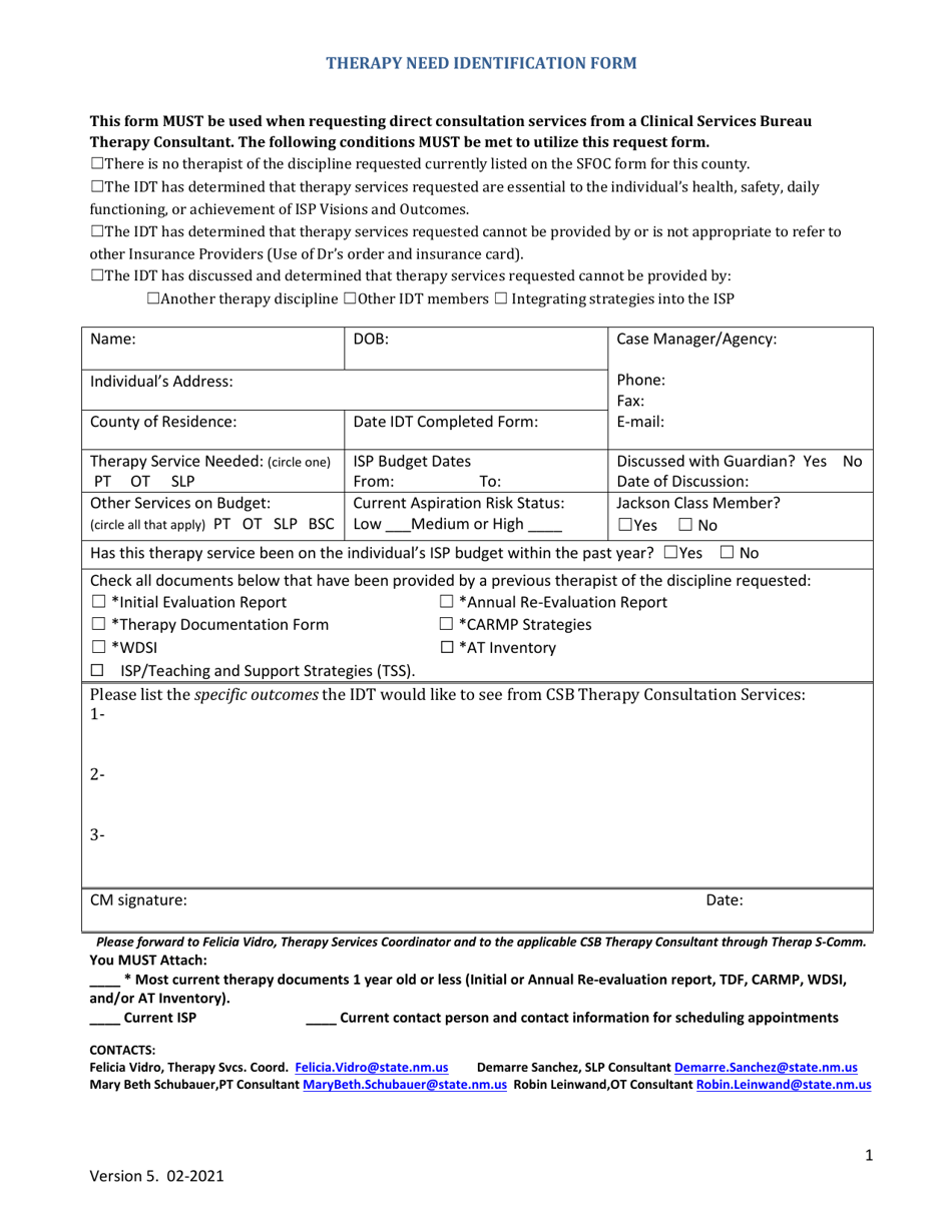 New Mexico Therapy Need Identification Form Download Printable PDF 2019 ...