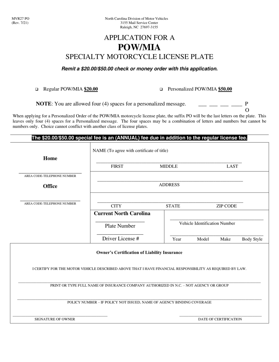 Form MVR27 PO - Fill Out, Sign Online and Download Printable PDF, North ...