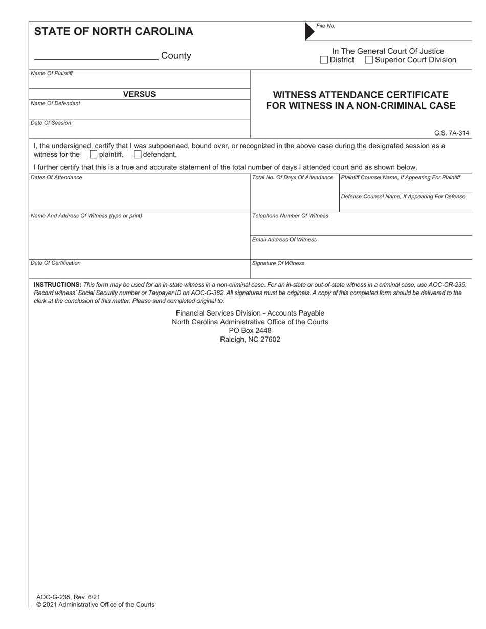 Form AOC-G-235 Download Fillable PDF or Fill Online Witness Attendance ...