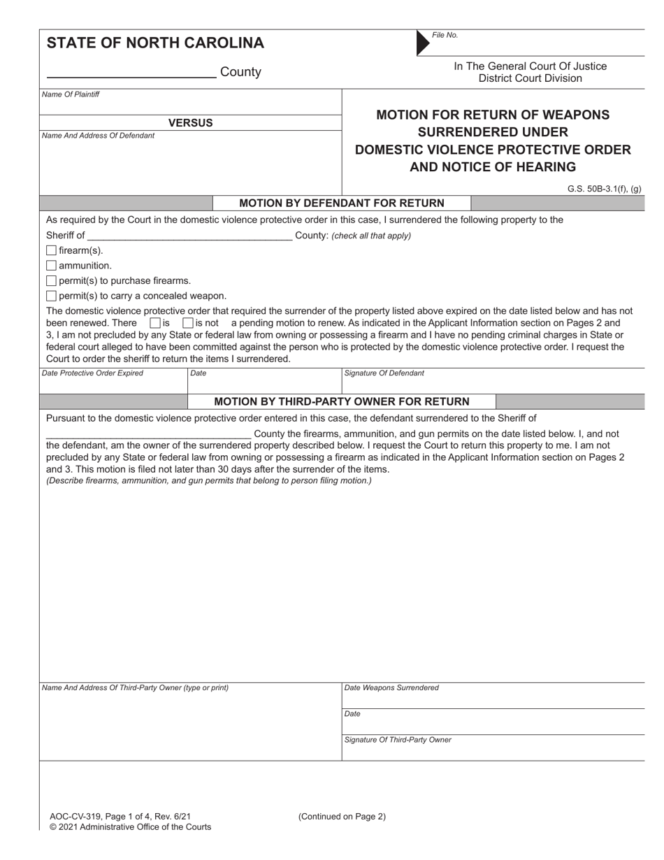 Form AOC-CV-319 Download Fillable PDF or Fill Online Motion for Return ...