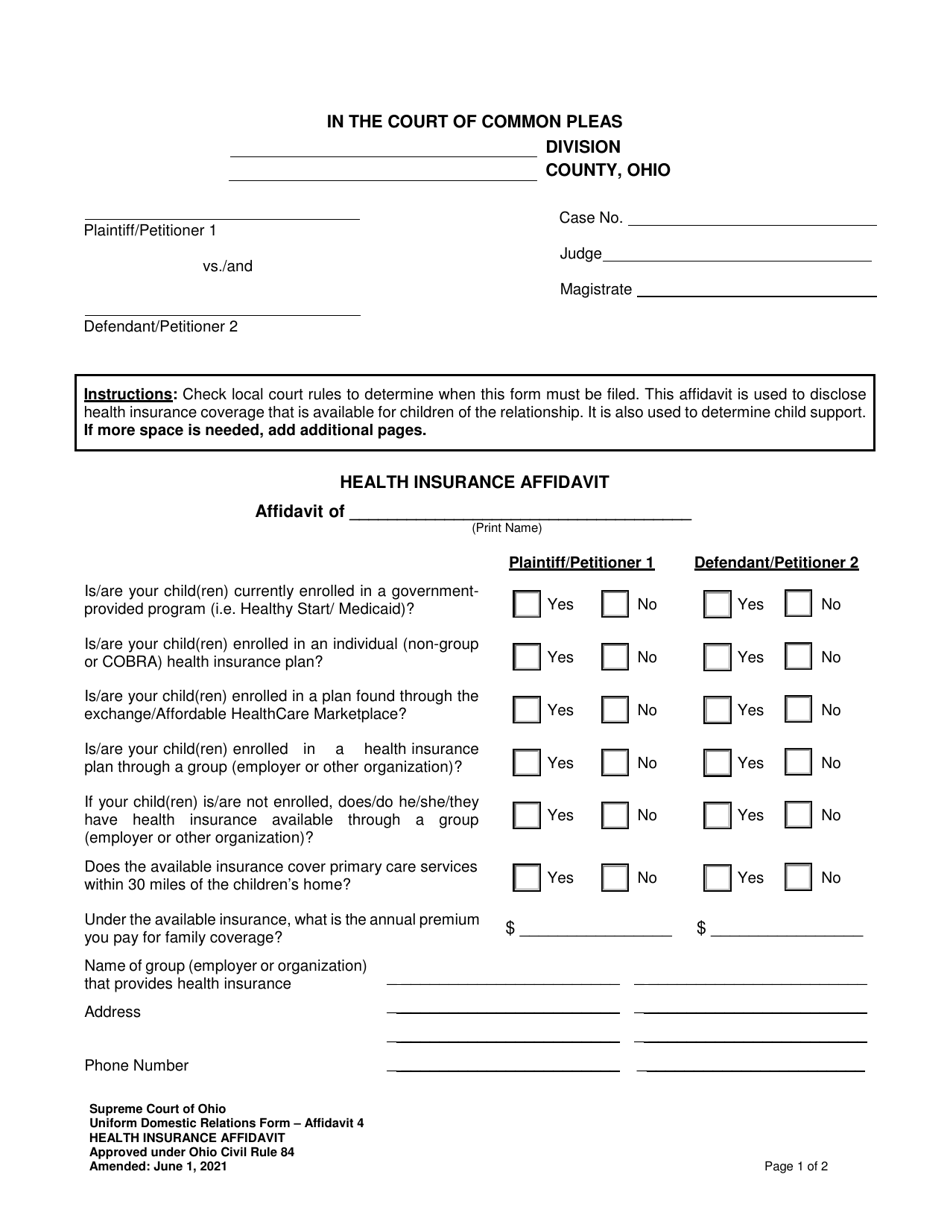 Affidavit 4 Download Fillable PDF or Fill Online Health Insurance ...