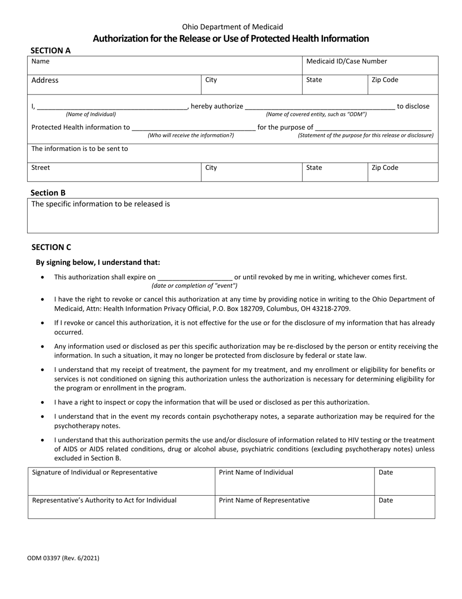 Form ODM03397 Download Fillable PDF or Fill Online Authorization for ...