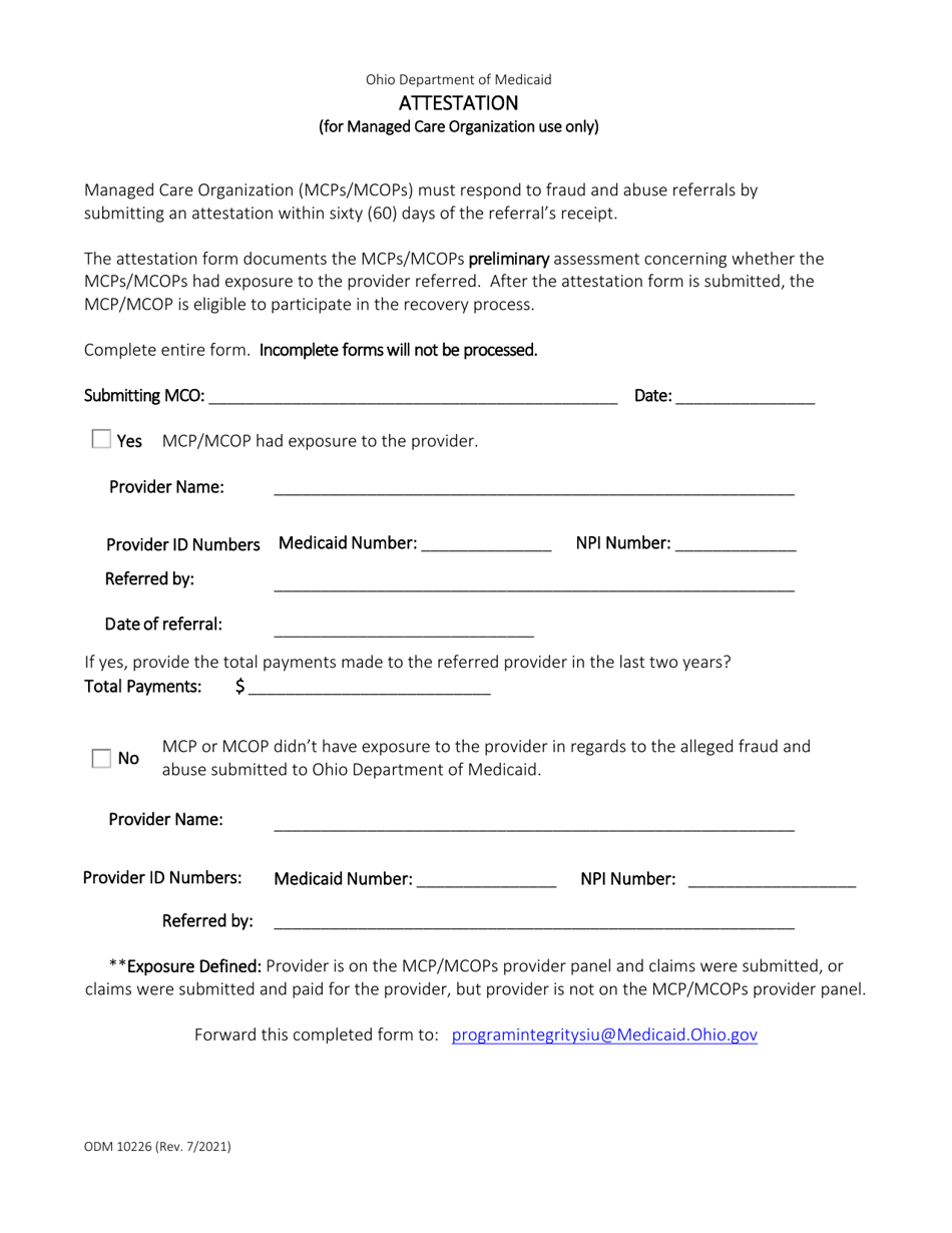 Form ODM10226 - Fill Out, Sign Online and Download Fillable PDF, Ohio ...