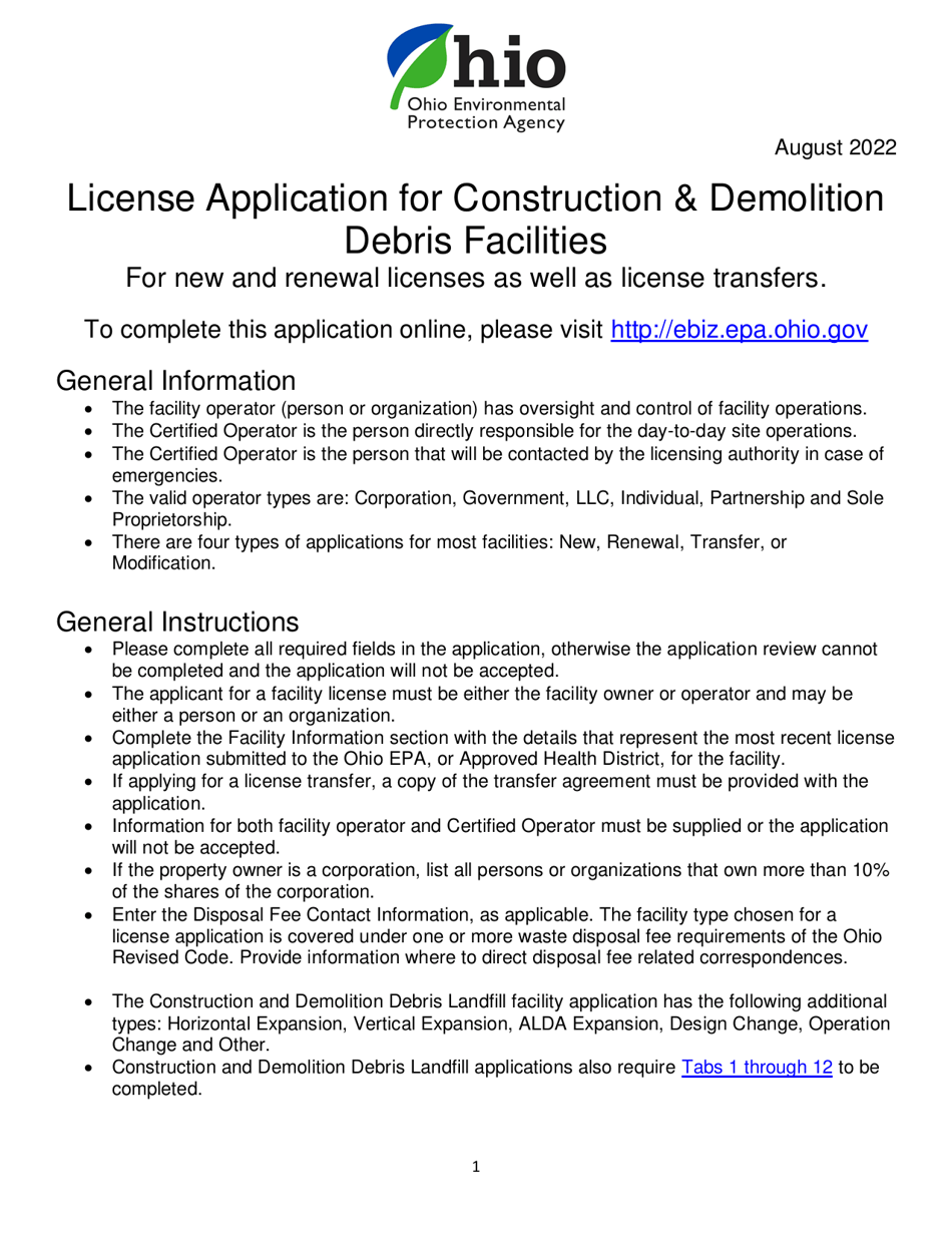 Ohio License Application for Construction & Demolition Debris ...