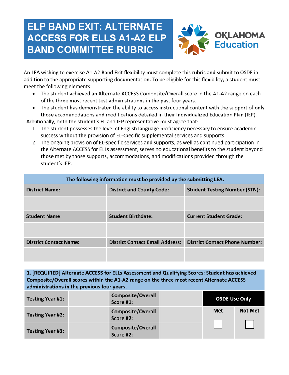 Oklahoma Alternate Access for Ells A1-a2 Elp Band Committee Rubric ...