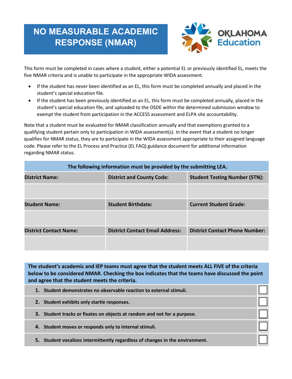 Oklahoma No Measurable Academic Response (Nmar) - Fill Out, Sign Online ...