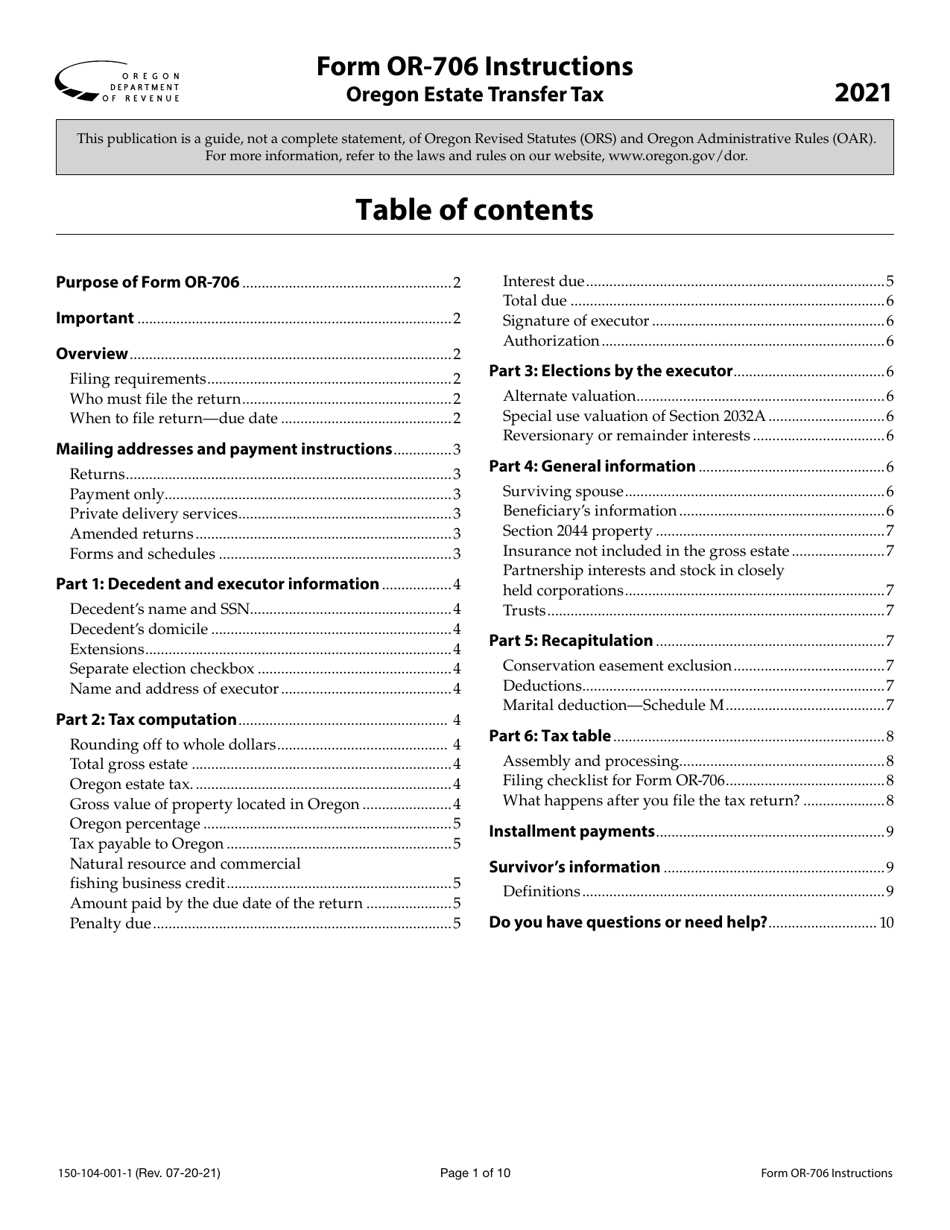 Download Instructions for Form OR-706, 150-104-001 Oregon Estate ...