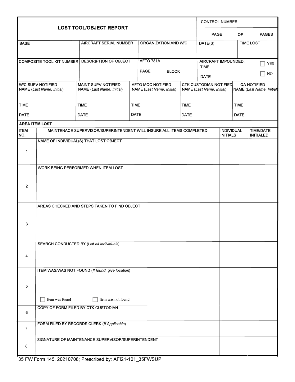 35 FW Form 145 Download Fillable PDF Or Fill Online Lost Tool Object