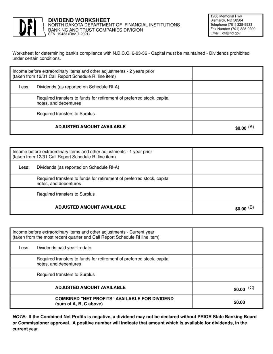 Form SFN19433 Download Fillable PDF or Fill Online Dividend Worksheet ...