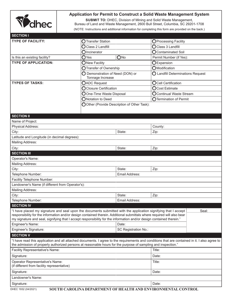 DHEC Form 1932 - Fill Out, Sign Online and Download Fillable PDF, South ...