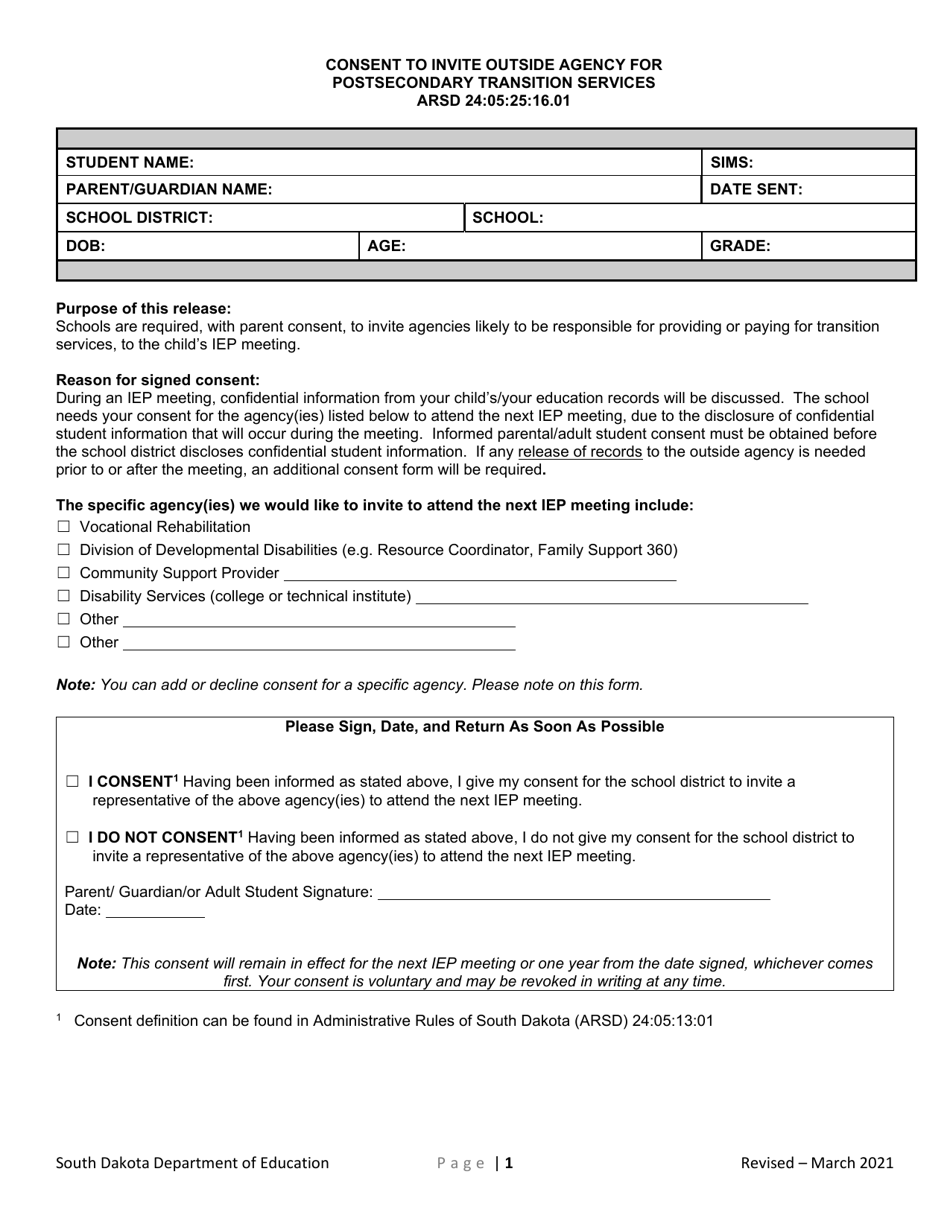 South Dakota Consent to Invite Outside Agency for Postsecondary ...