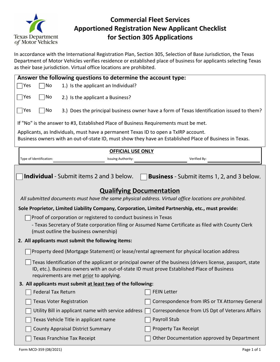 Form MCD-359 Download Fillable PDF or Fill Online Apportioned Registration New Applicant ...