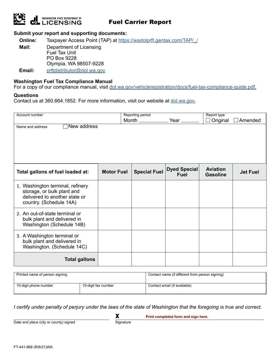 Form FT-441-868 Download Fillable PDF or Fill Online Fuel Carrier ...