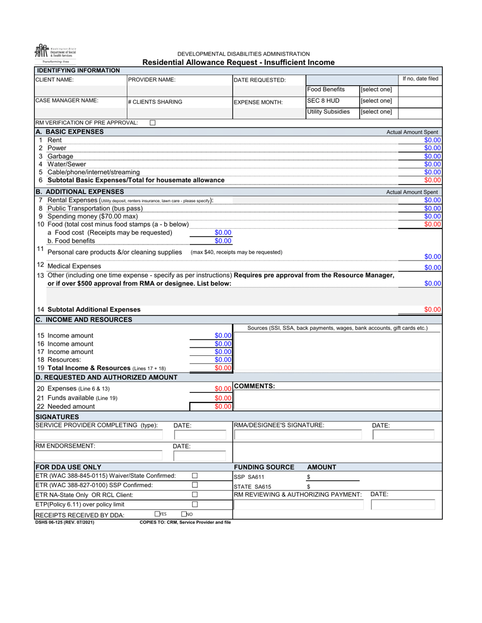 DSHS Form 06-125 Download Printable PDF or Fill Online Residential ...
