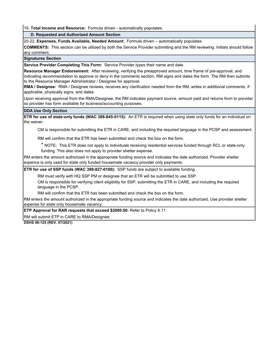 Dshs Form 06 125 Download Printable Pdf Or Fill Online Residential
