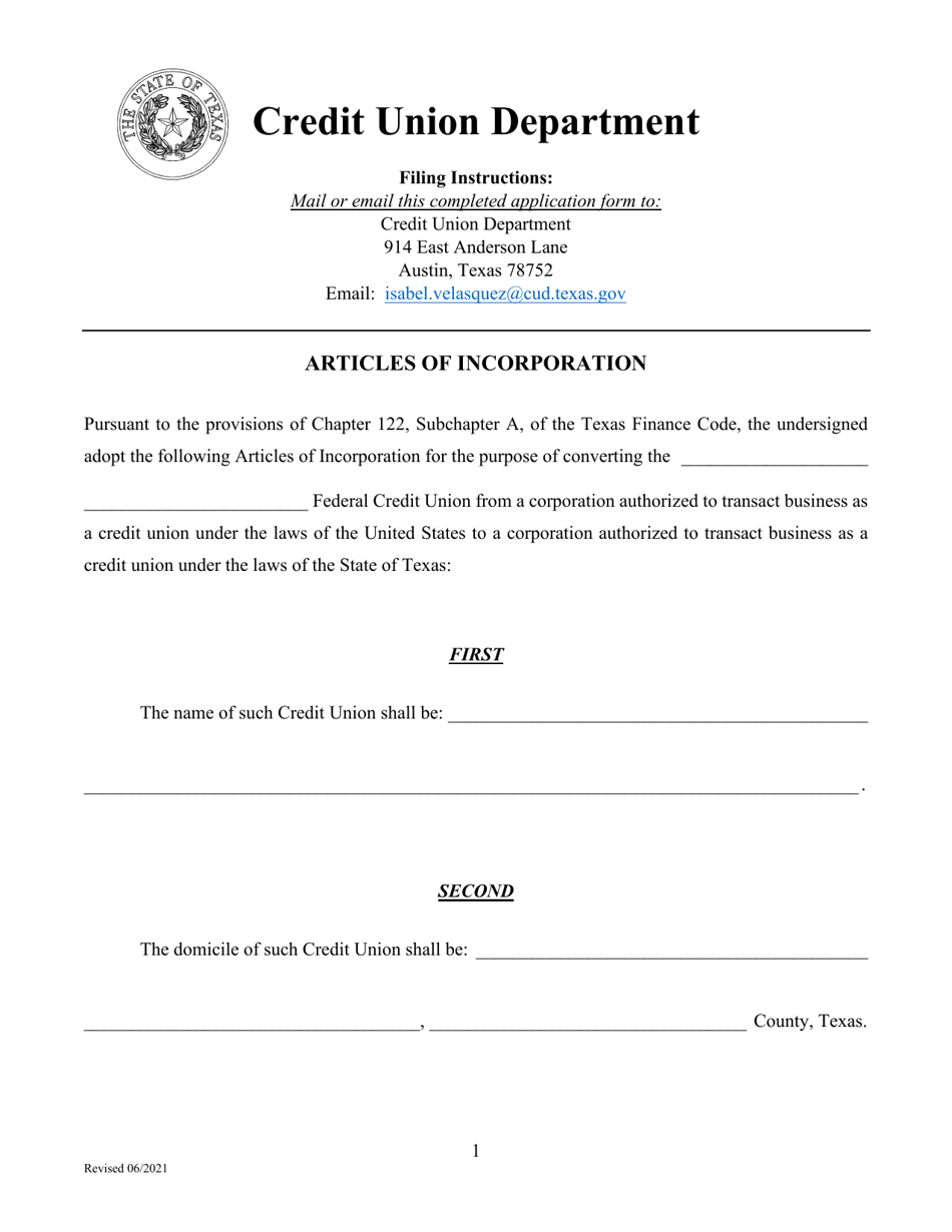 Texas Articles of Incorporation - Charter Conversion - Fill Out, Sign ...
