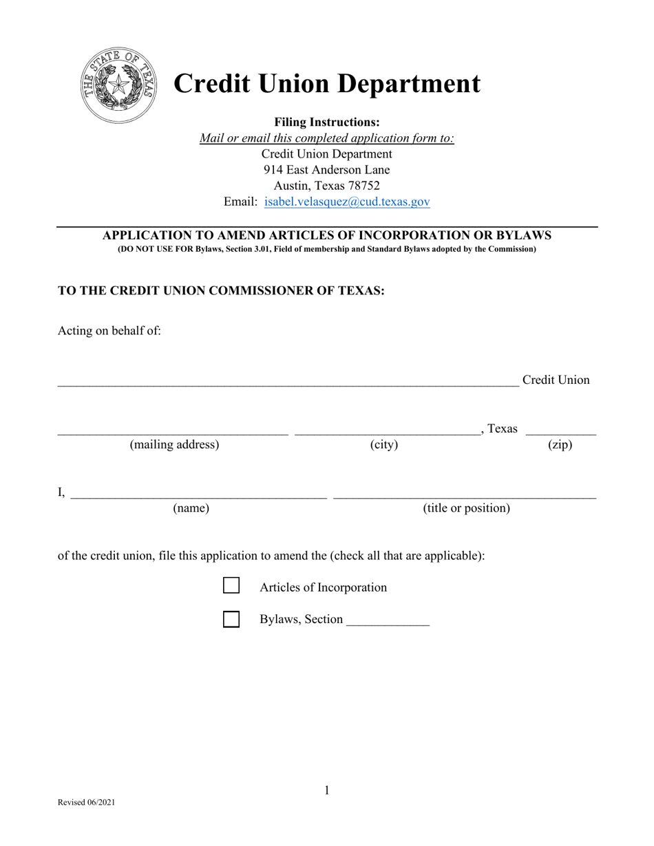 Texas Application to Amend Articles of Incorporation or Bylaws Download ...