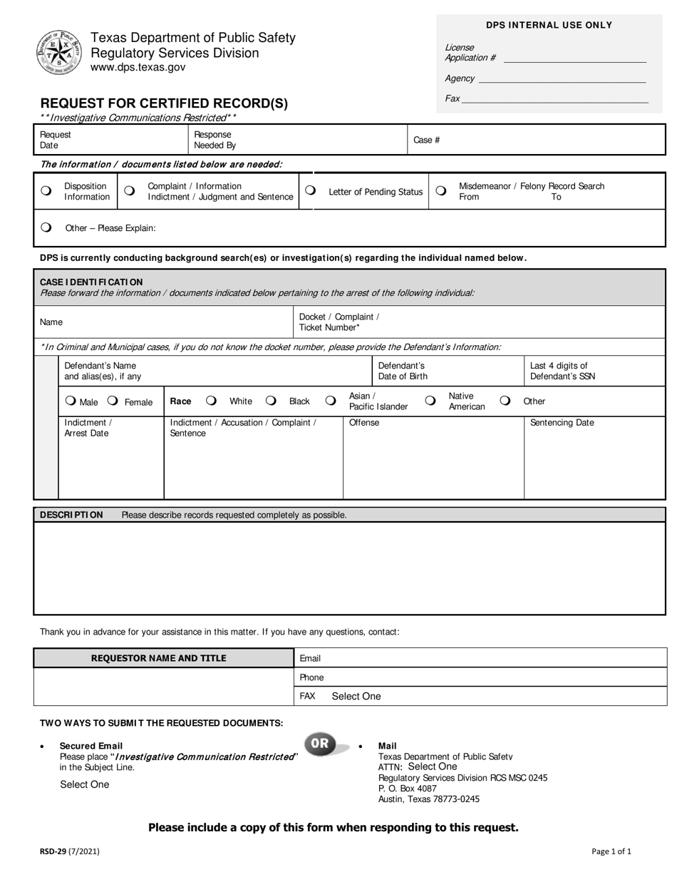 Form RSD-29 Download Fillable PDF or Fill Online Request for Certified ...