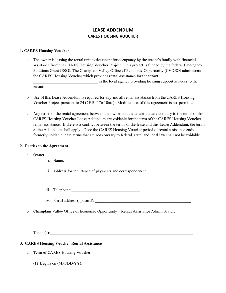 Vermont Lease Addendum - Cares Housing Voucher - Fill Out, Sign Online and Download PDF ...