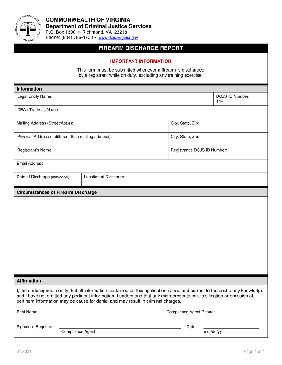 Virginia Firearm Discharge Report - Fill Out, Sign Online and Download ...