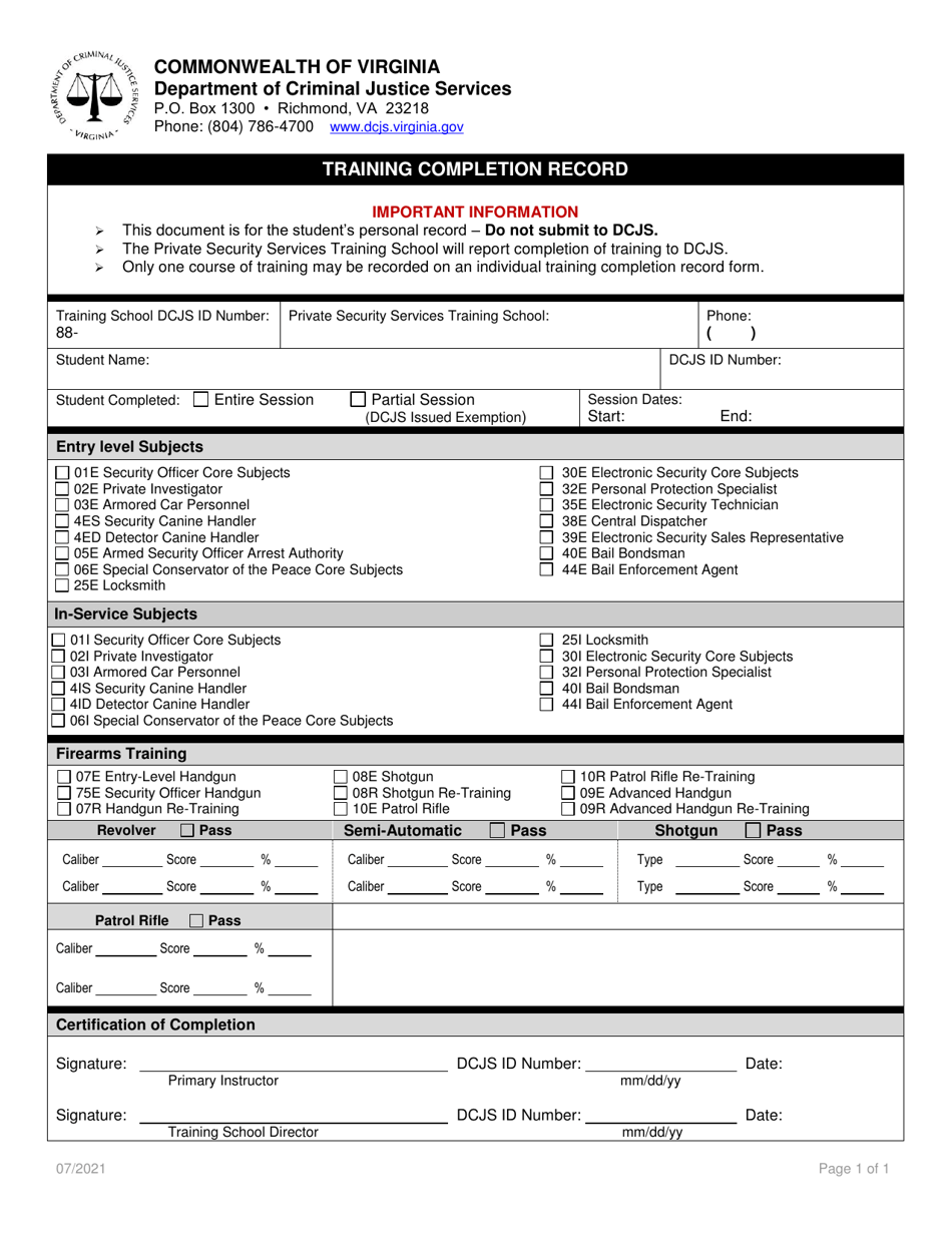 Virginia Training Completion Record - Fill Out, Sign Online and ...