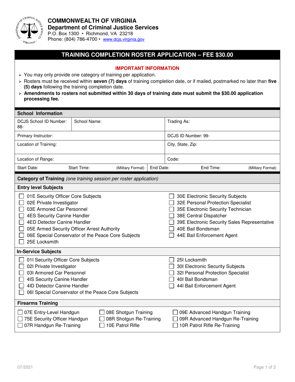 Virginia Training Completion Roster Application - Fill Out, Sign Online ...
