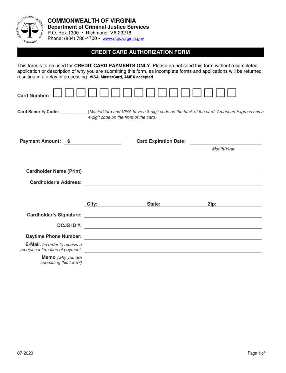 Virginia Credit Card Authorization Form Download Fillable PDF ...