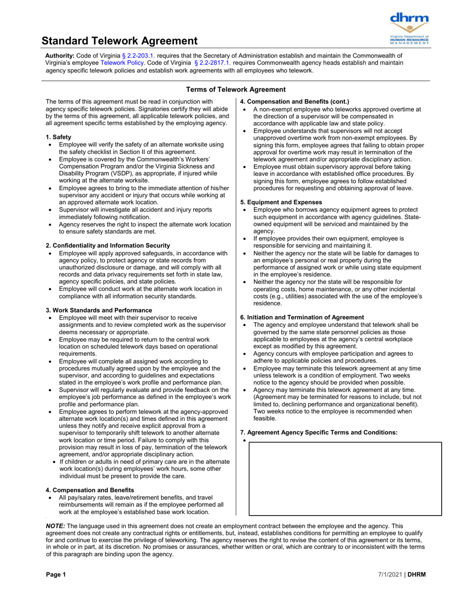 Virginia Standard Telework Agreement - Fill Out, Sign Online and ...