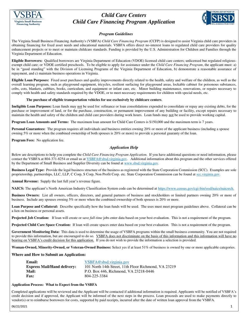 Virginia Child Care Financing Program Application - Child Care Centers ...