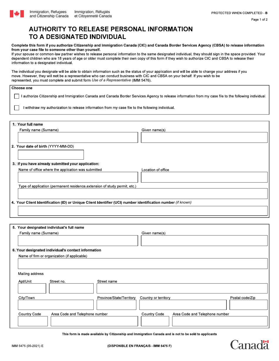 Form IMM5475 Download Fillable PDF or Fill Online Authority to Release Personal Information to a ...
